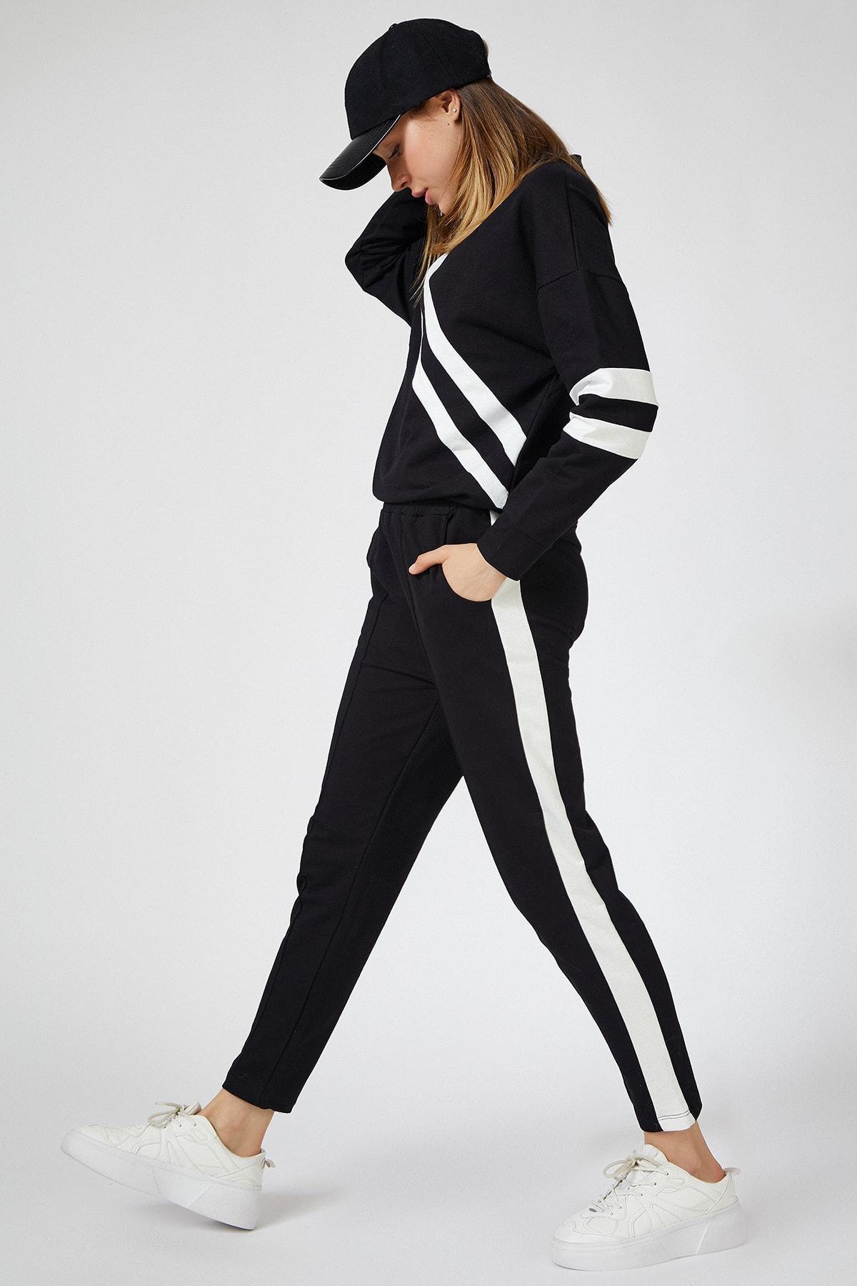Women's Black Tracksuit White Stripe Detailed Set